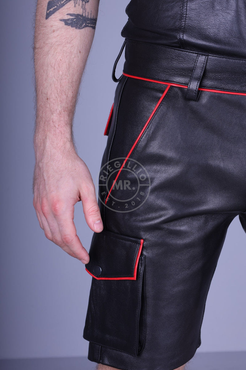 Black Leather Cargo Short - Red Piping by MR. Riegillio