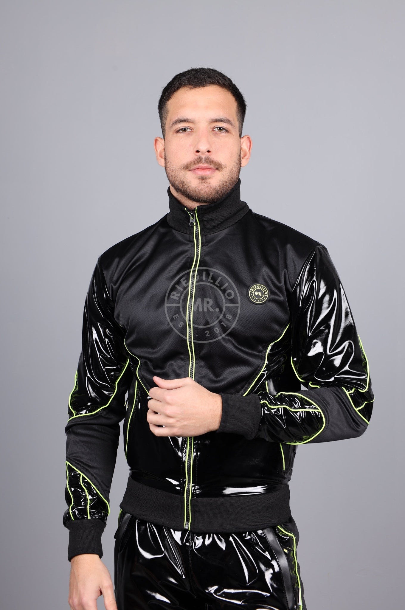PVC 24 Tracksuit Jacket - Black with Neon Piping by MR. Riegillio
